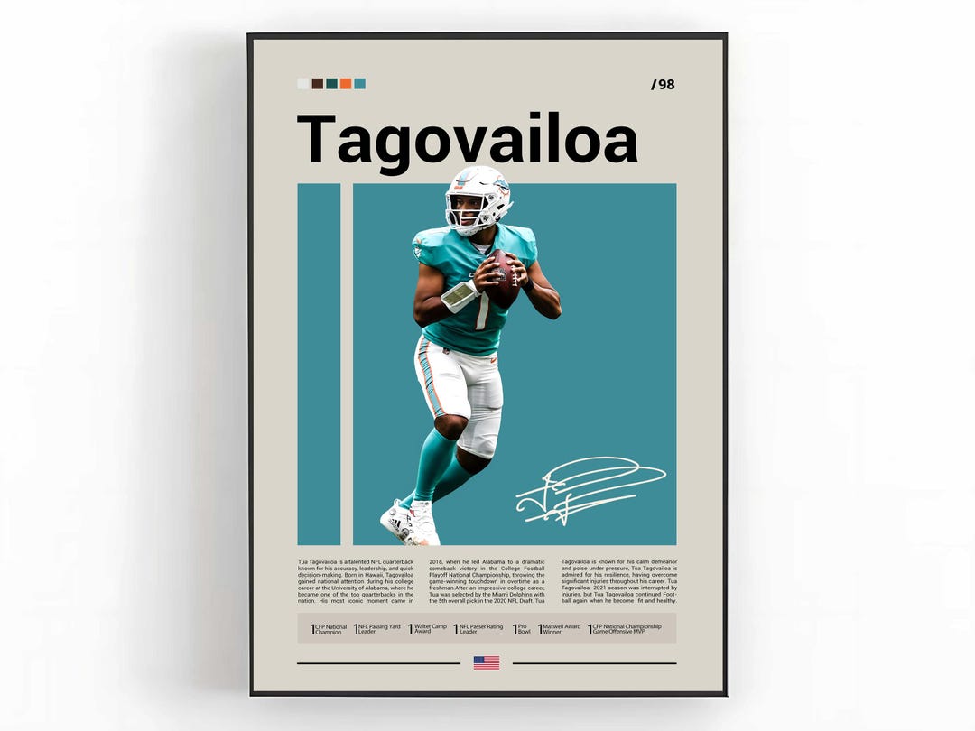 Tua Tagovailoa Poster, Miami Dolphins Print, NFL Wall Art, Football ...