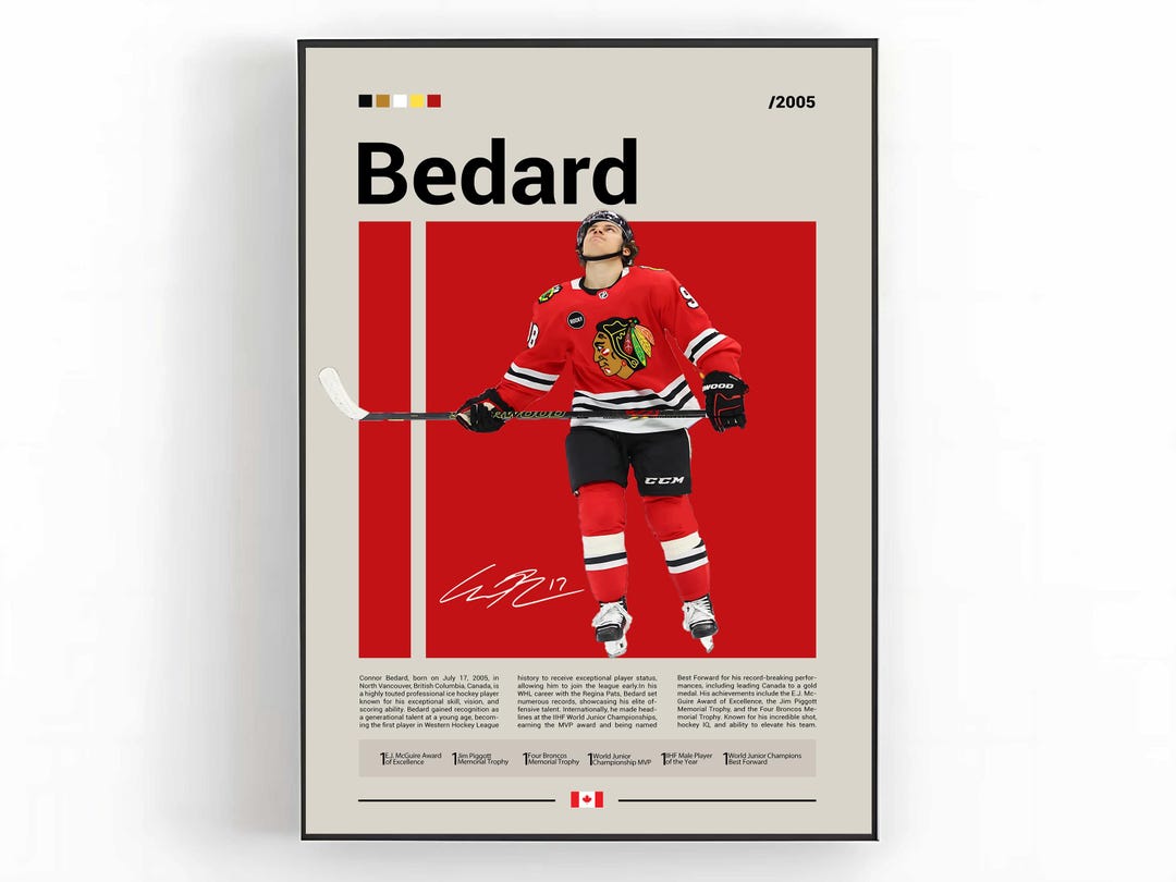 Connor Bedard Poster, Chicago Blackhawks Hockey Wall Art, NHL Rising ...