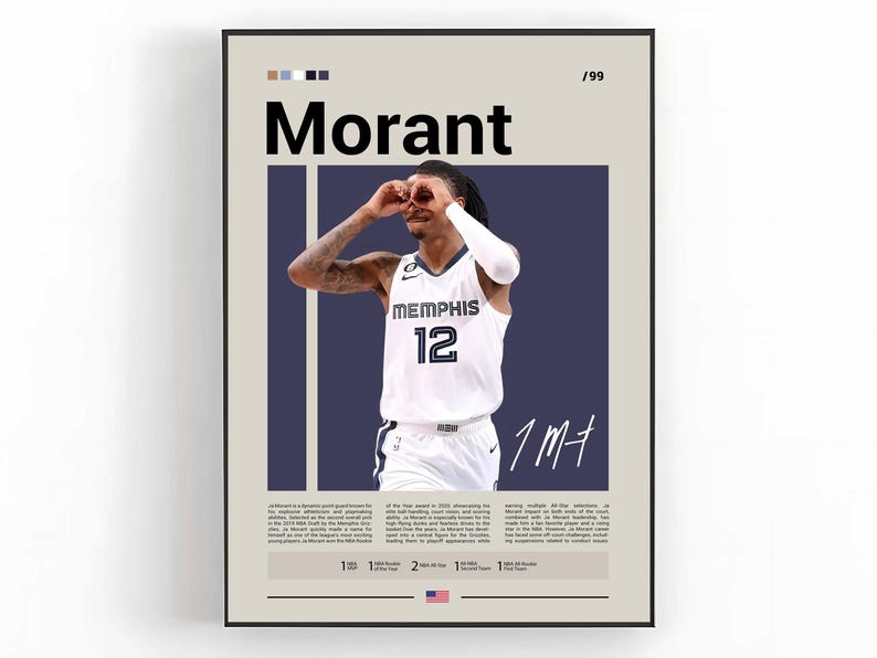 Ja Morant Poster, Memphis Grizzlies Basketball Art, NBA Sports Poster ...
