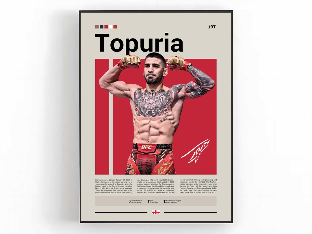 Ilia Topuria Fighting Poster, UFC Champion Art, MMA Wall Decor, Fight ...