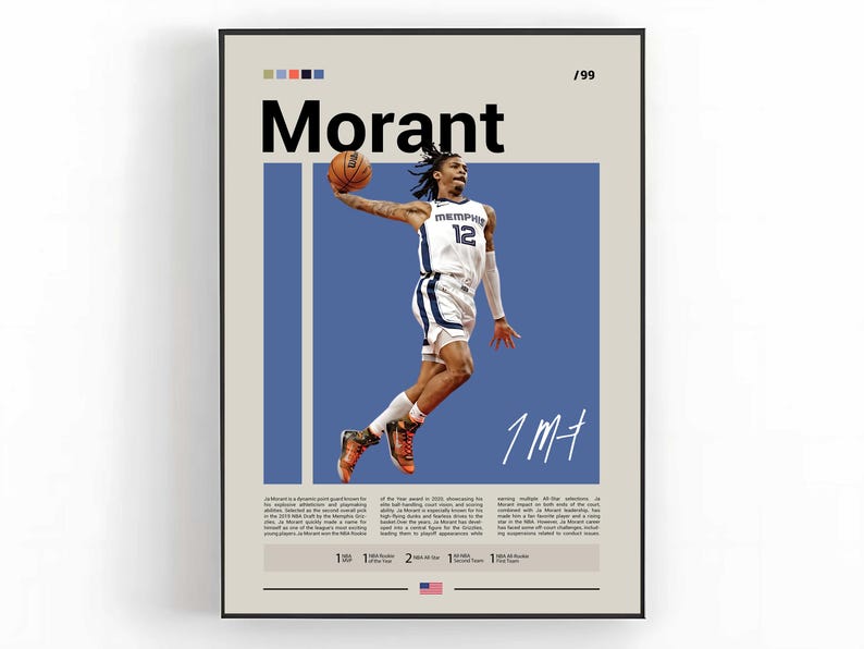 Ja Morant Poster, Memphis Grizzlies Print, NBA Basketball Art, Sports ...