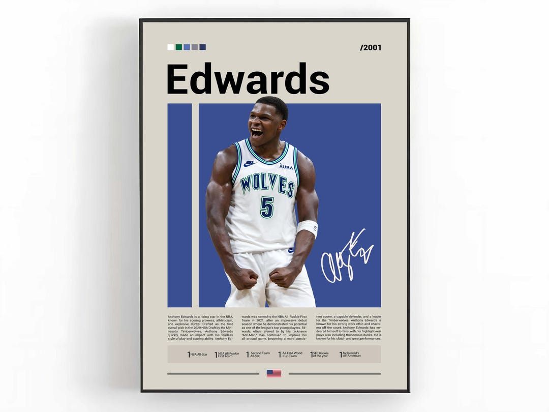 Anthony Edwards Poster, Timberwolves Basketball Print, NBA Art, Edwards ...