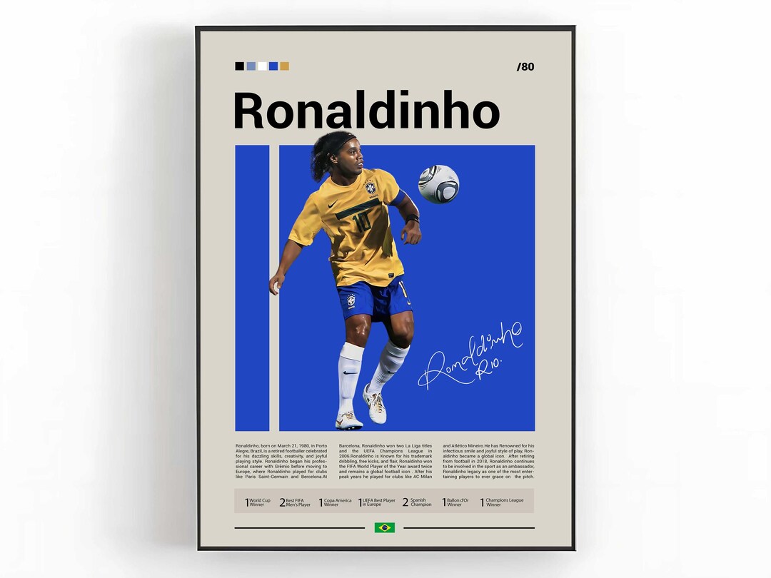 Ronaldinho Poster, Brazil Soccer Wall Art, Football Player Print ...