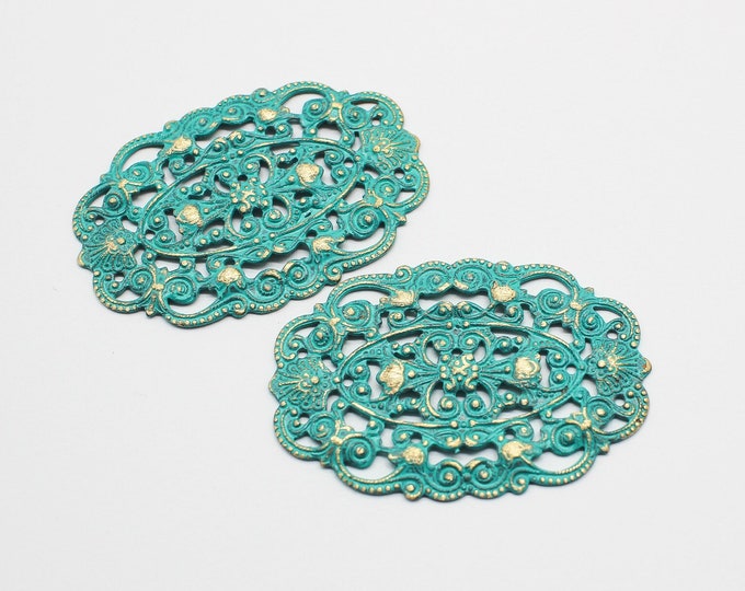 2 Hand Painted & Distressed Patina Verdigris Brass Floral Filigree ...