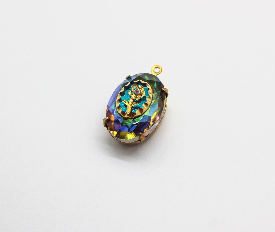 Vitrail Rhinestone W Engraved Flower Glass Intaglio Oxidized Brass ...