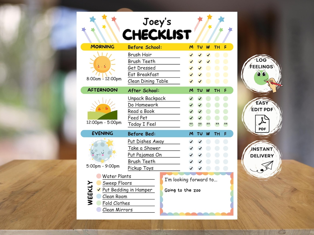 Editable Kids Chore Chart: Daily Routine & Feelings Tracker (digital ...