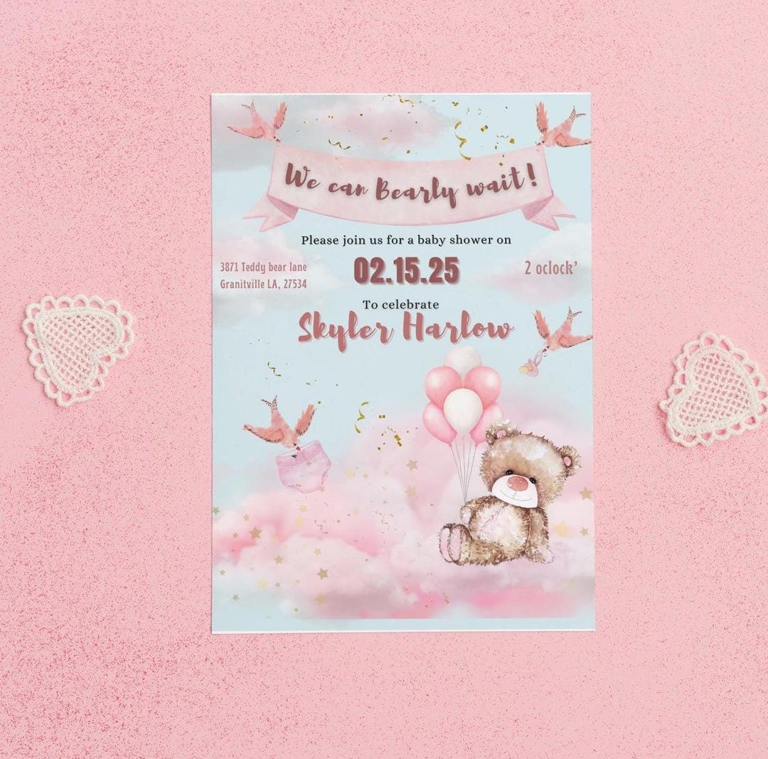 Baby Girl Bear Themed Invitation - Etsy