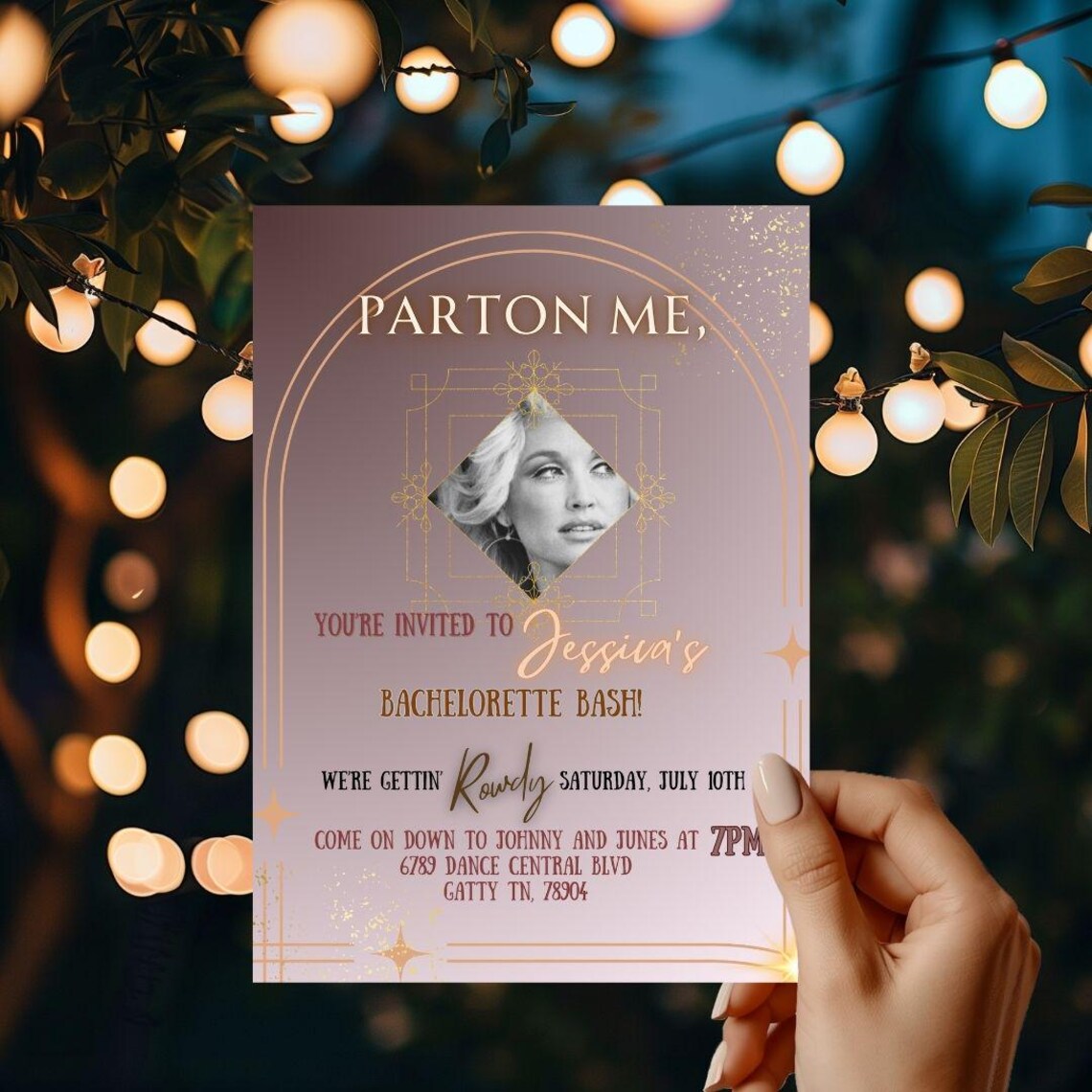 Bachlorette Invitation, Parton Me, Dolly Parton, Gold, Script Font ...