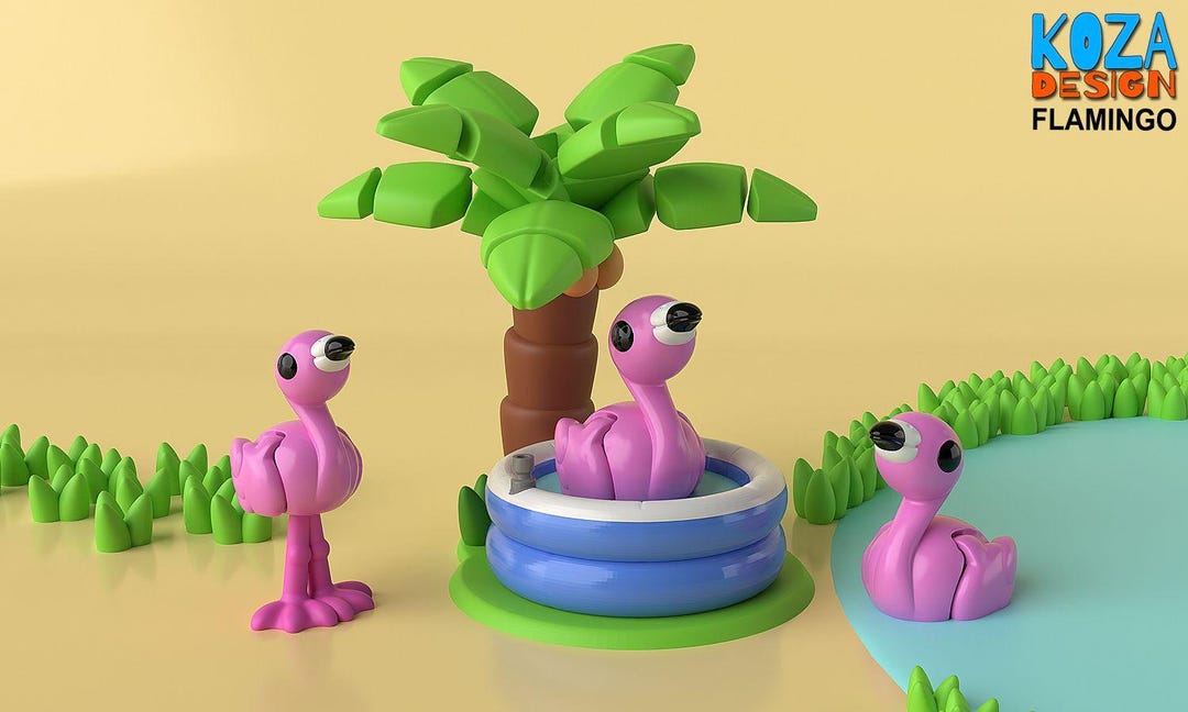 3D Printed Flamingo Toy Set – Articulated Pool Flamingo With Palm Tree ...