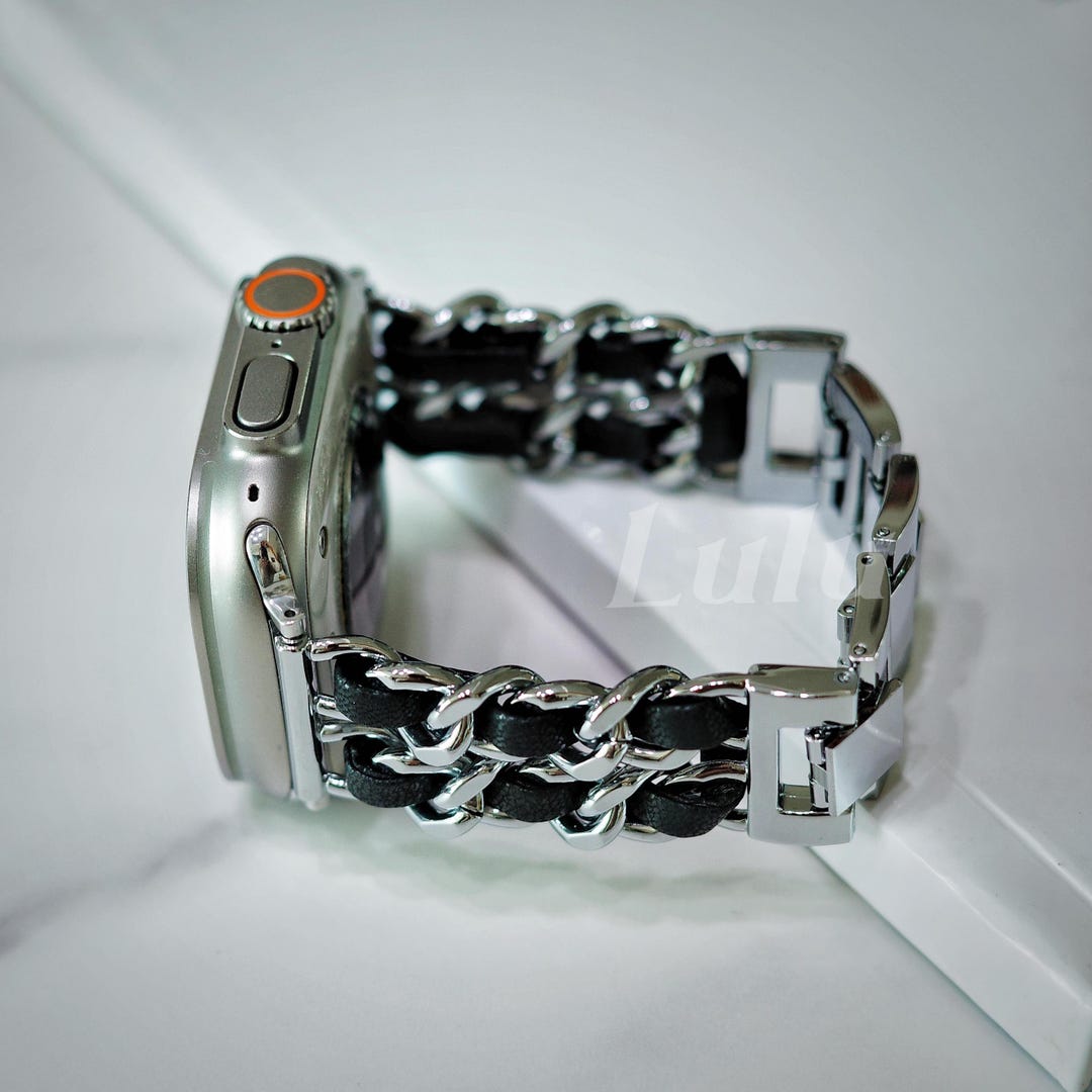 Black Leather Silver Chain Apple Watch Band • Apple Watch Series 11-1 ...