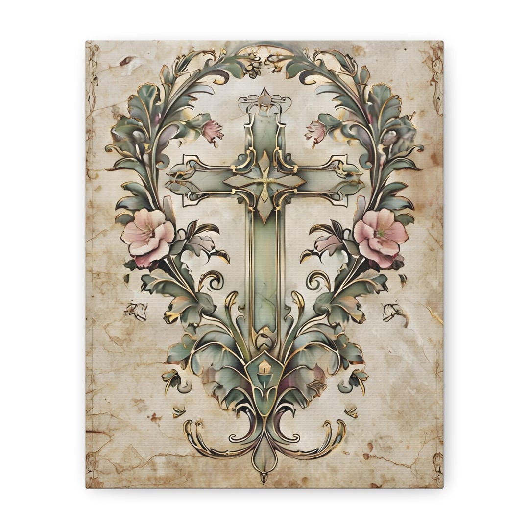 Ornate Pastel Floral Cross Wall Art on Matte Canvas - Elegant Religious ...