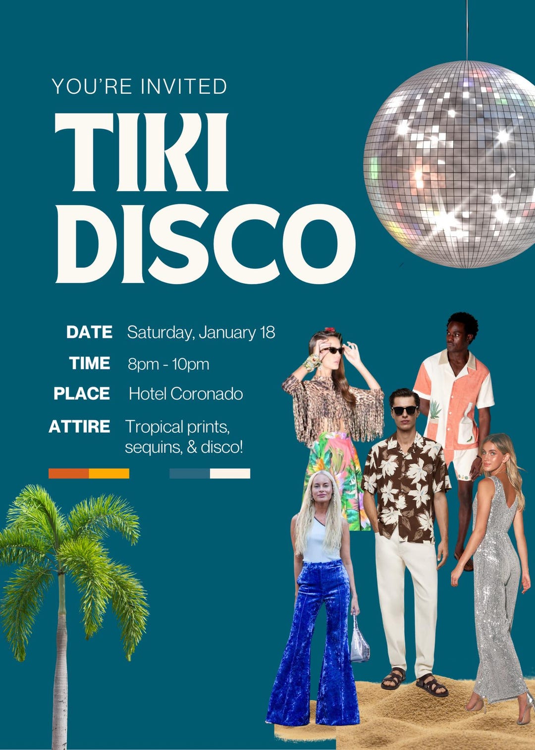 TIKI DISCO INVITE Party Template | Themed Party Invite, Palm Tree ...