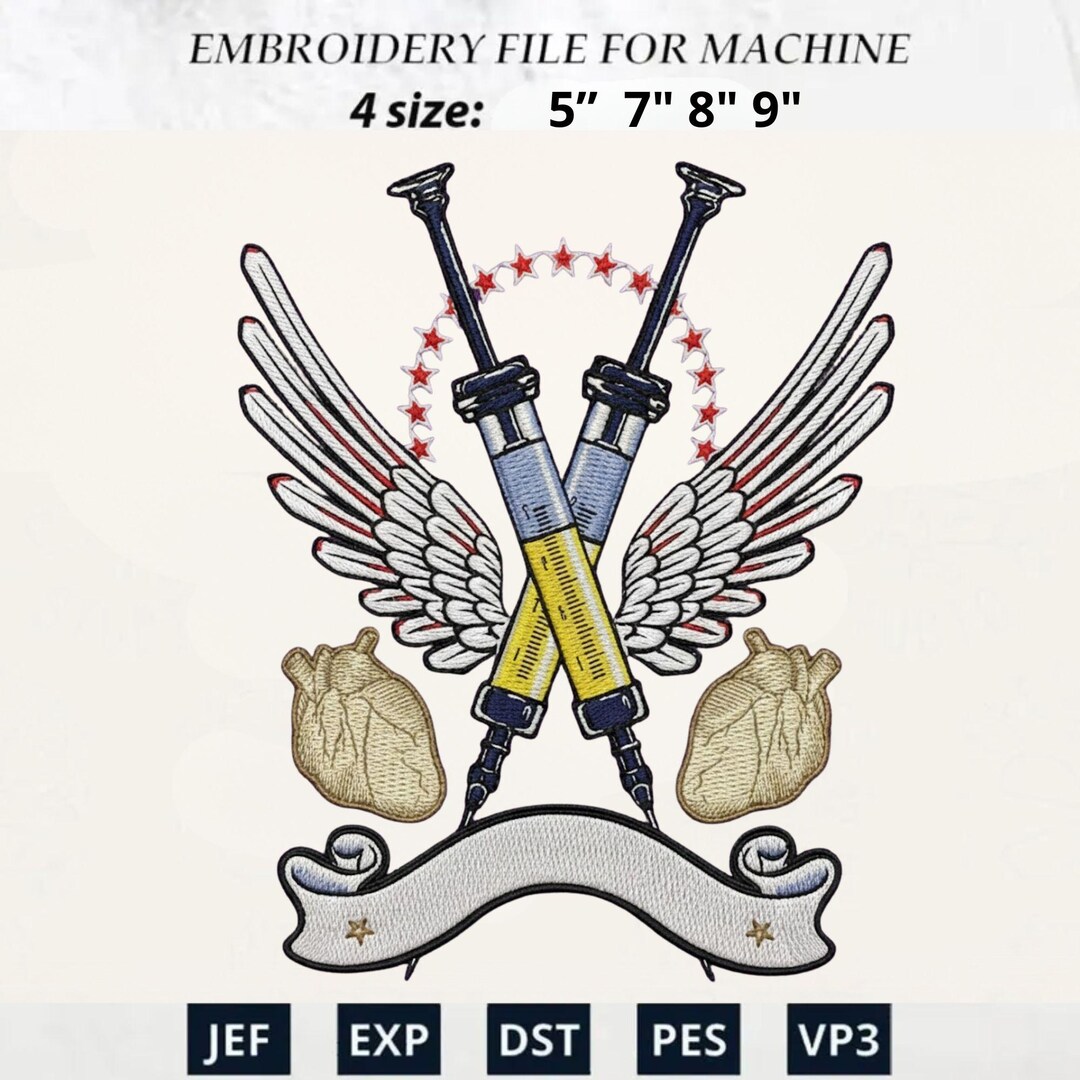 Angel Wing Syringe Embroidery File – Medical Heart Nurse Doctor Tattoo ...