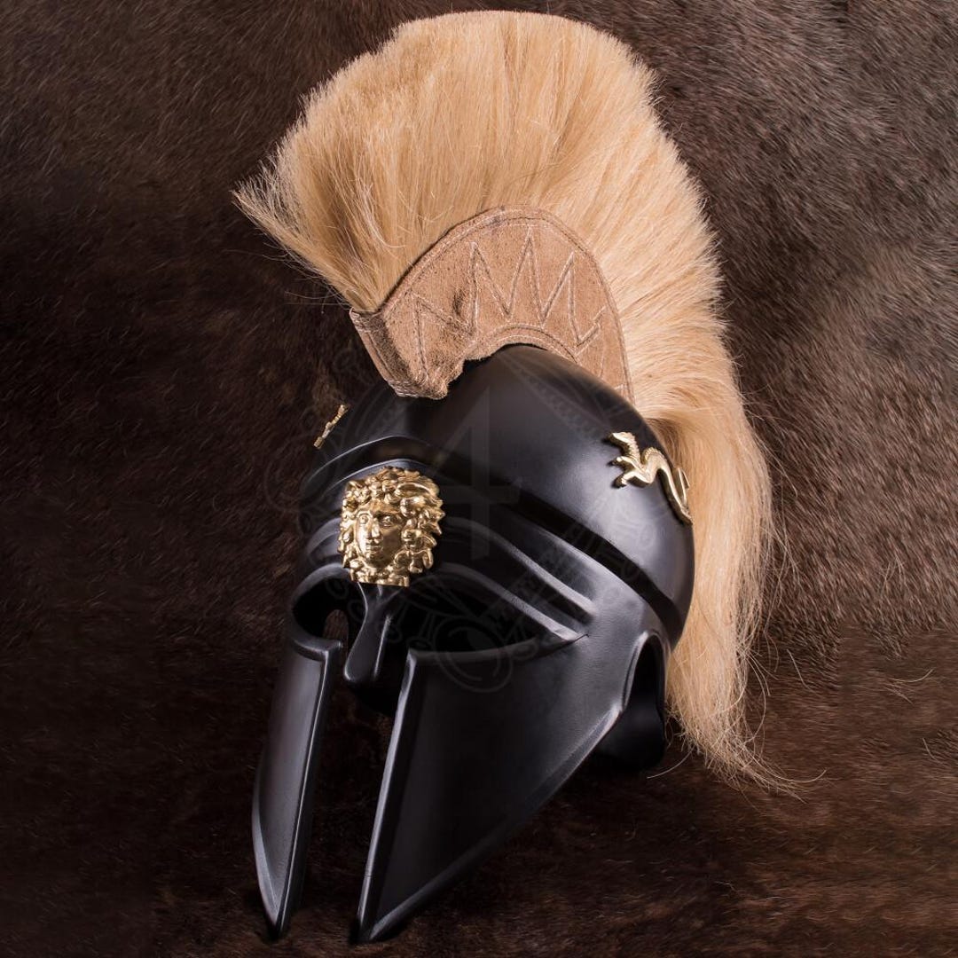 Medieval Knight Helmet: Steel Greek Black Corinthian With Plume ...