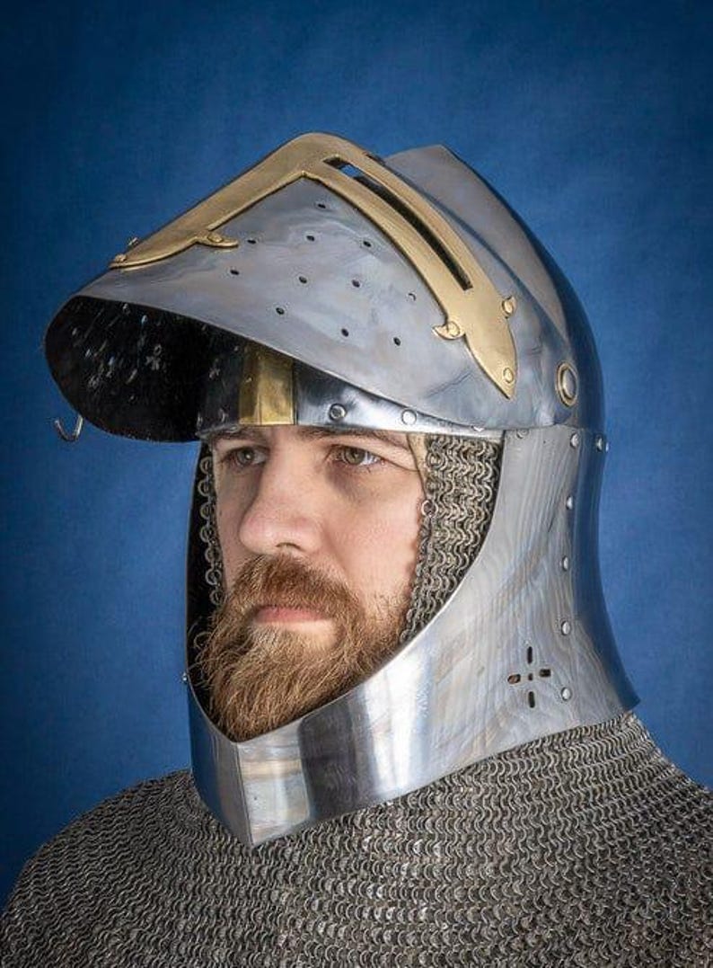Bascinet sugar Loaf Helmet With Brass Cross Visor Medieval Knight ...