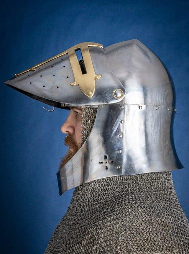 Bascinet sugar Loaf Helmet With Brass Cross Visor Medieval Knight ...