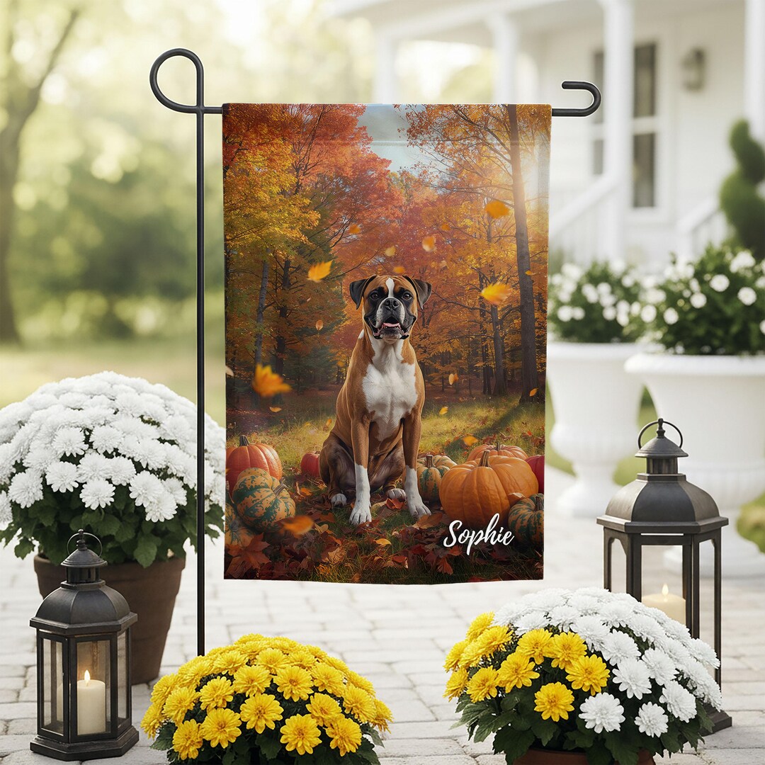 Boxer Dog Personalized Garden Flag, Custom Pet Art Portrait, Fall ...