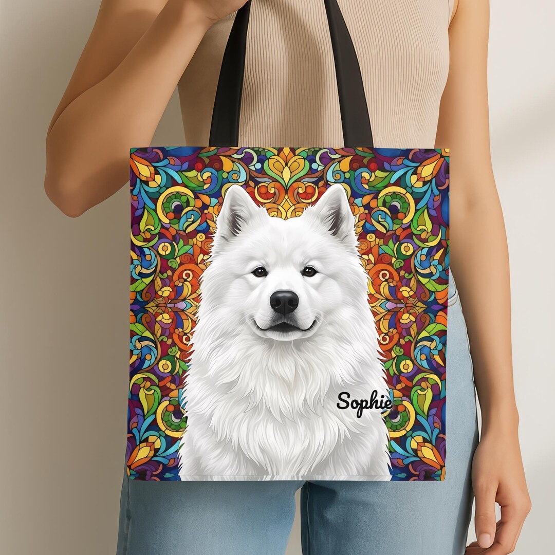 Samoyed Tote Bag, Personalized Dog Lover Gift, Stained Glass Art ...
