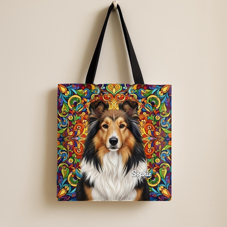 Sheltie Tote Bag, Personalized Sheepdog Dog Lover Gift, Stained Glass ...