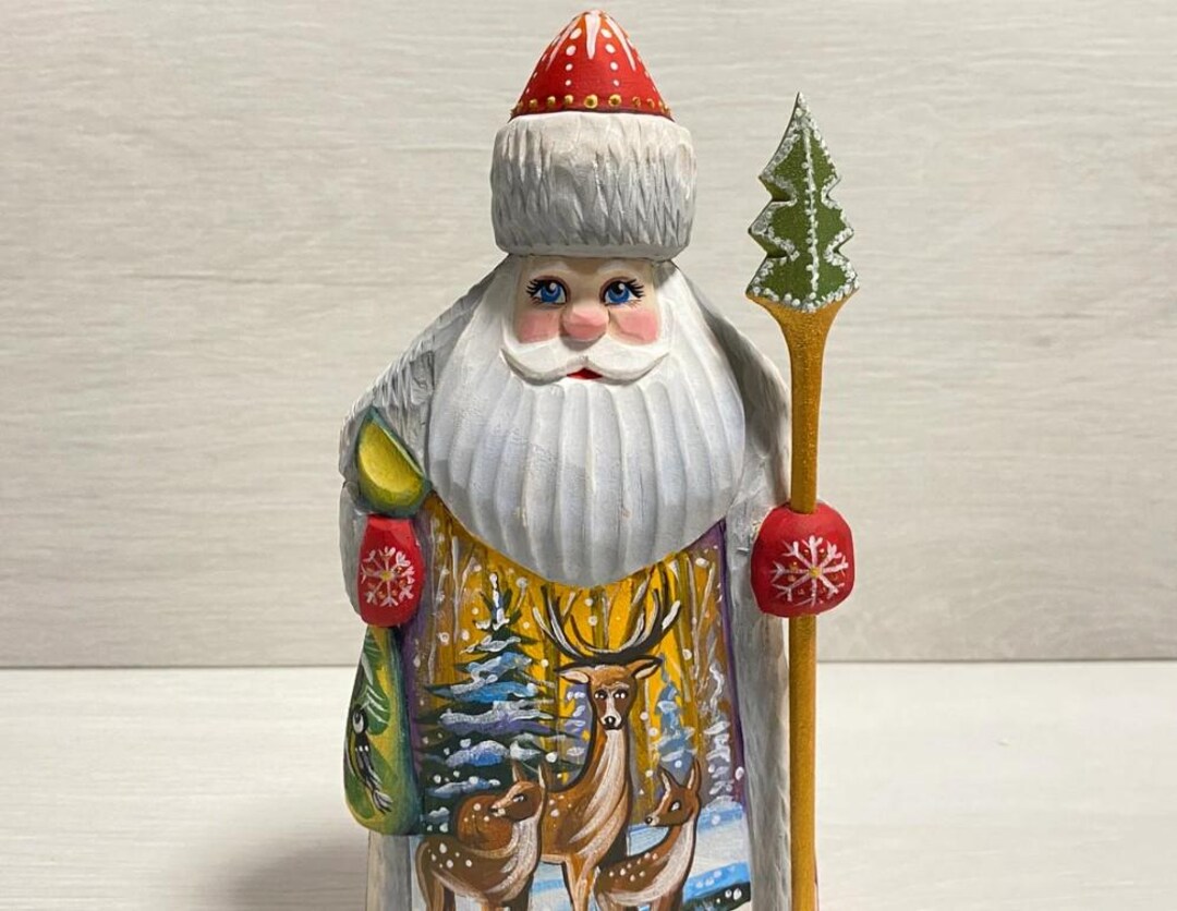 Handcarved Santa Claus, Wooden Ded Moroz, Handmade Figurine Grandfather ...