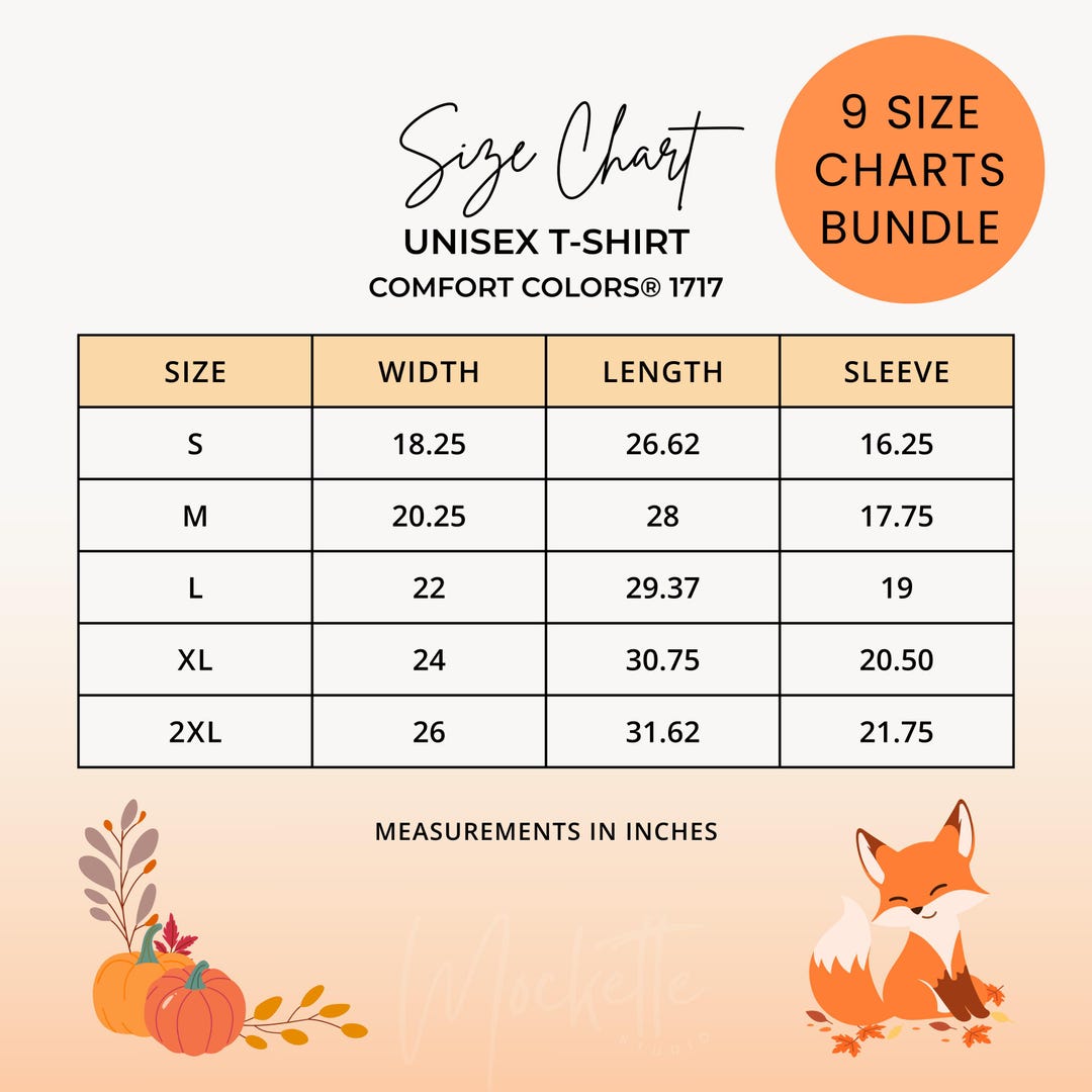 Fall Fox Size Chart Bundle: Gildan, Bella Canvas, Comfort Colors (PNG ...