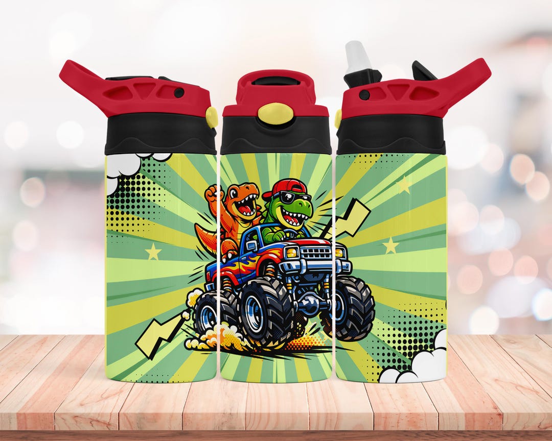 Dinosaur Riding Monster Truck 12oz Boys Tumbler Wrap PNG | Kids Cartoon ...