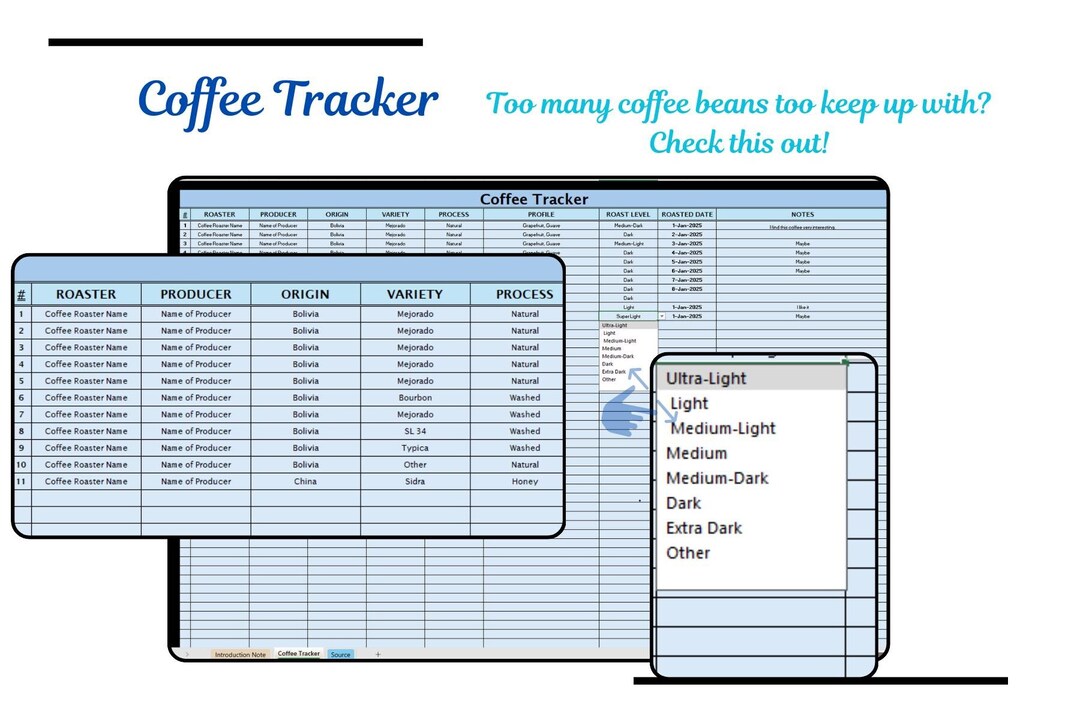 Excel Coffee Tracker, Roaster Log, Coffee Log, Coffee Journal Digital File - Blue - Etsy