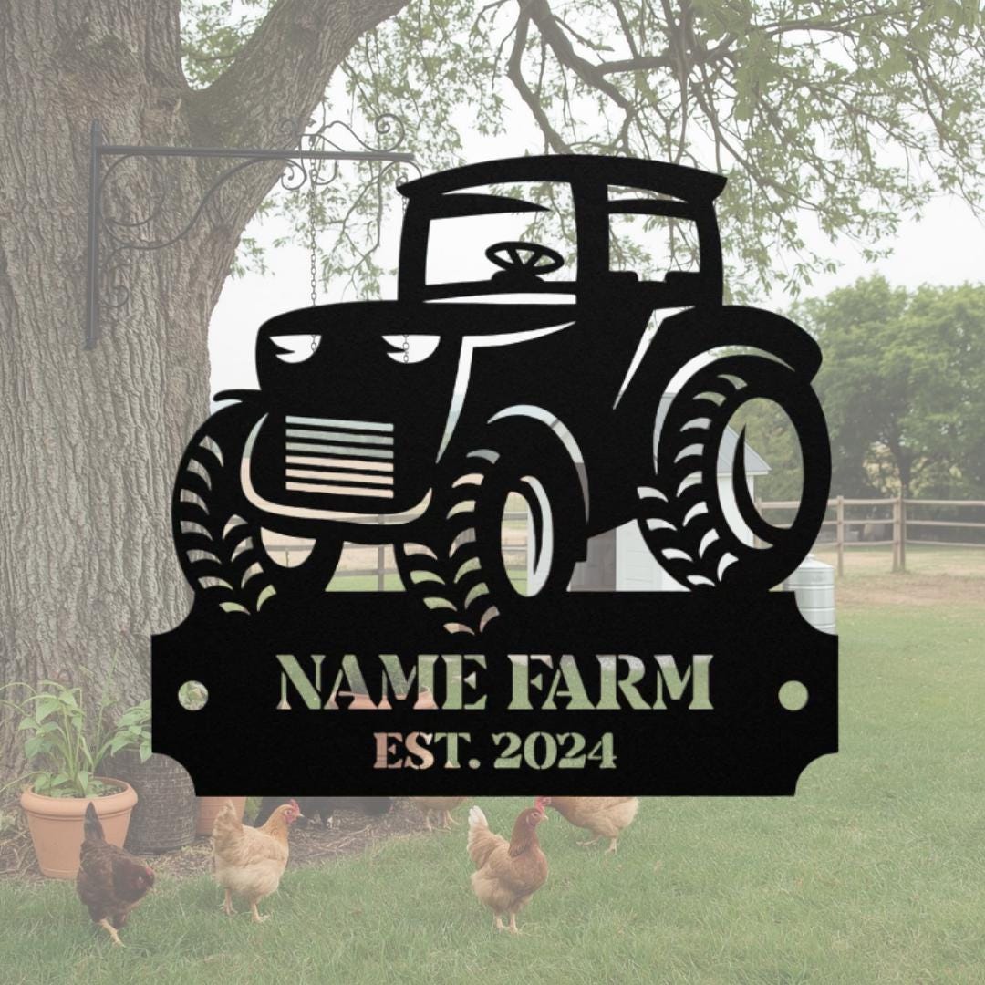 Custom Farm Sign With Tractor Design, Personalized Metal Farmhouse Wall ...