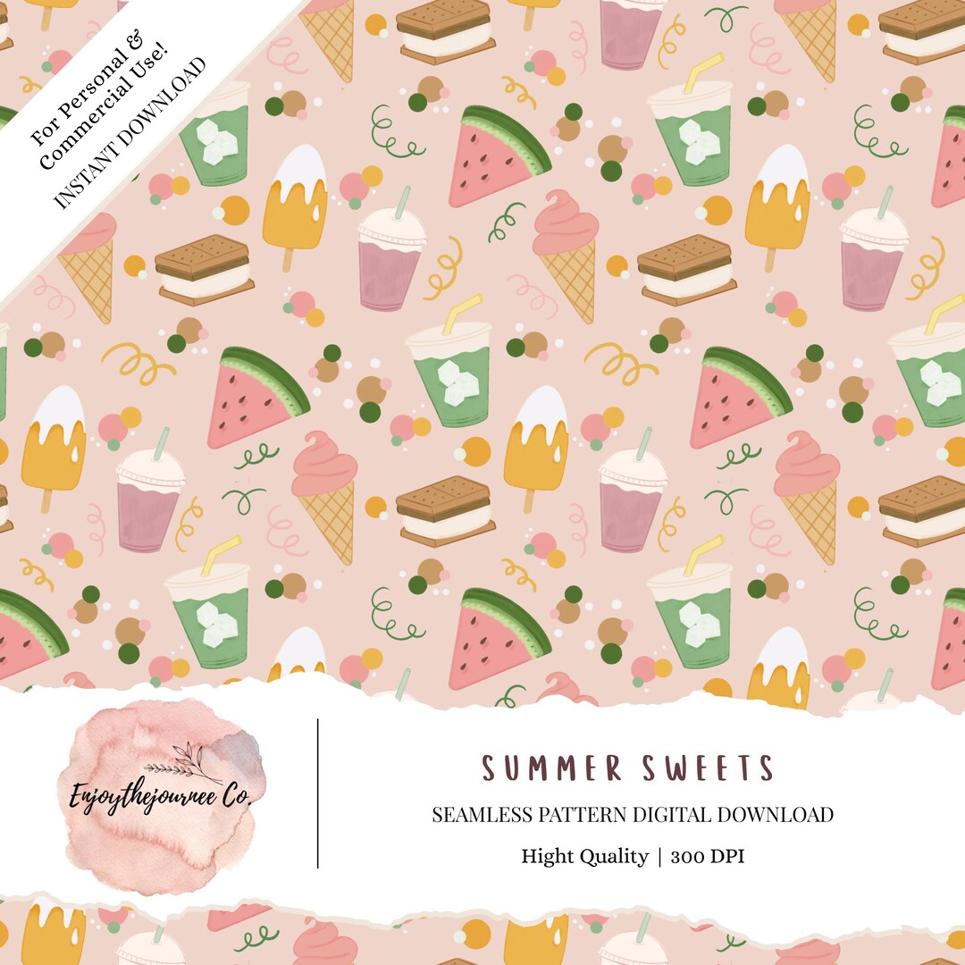 Summer Treats Seamless Pattern: Watermelon, Popsicle, Smores (PNG ...
