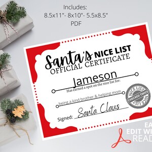 Editable SANTA'S NICE LIST - Official Certificate - Pdf - Etsy