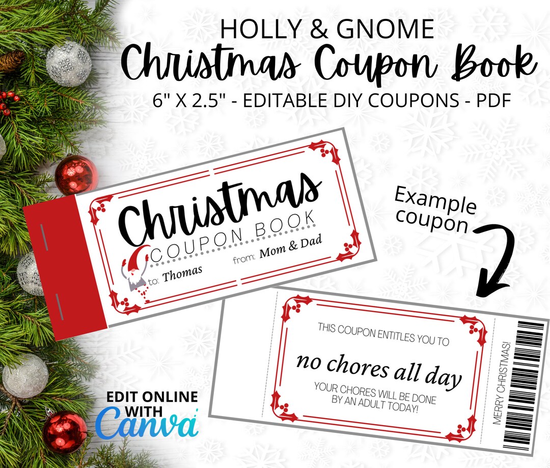 Editable CHRISTMAS COUPONS - Holly & Gnome - Stocking Stuffer - Edit ...