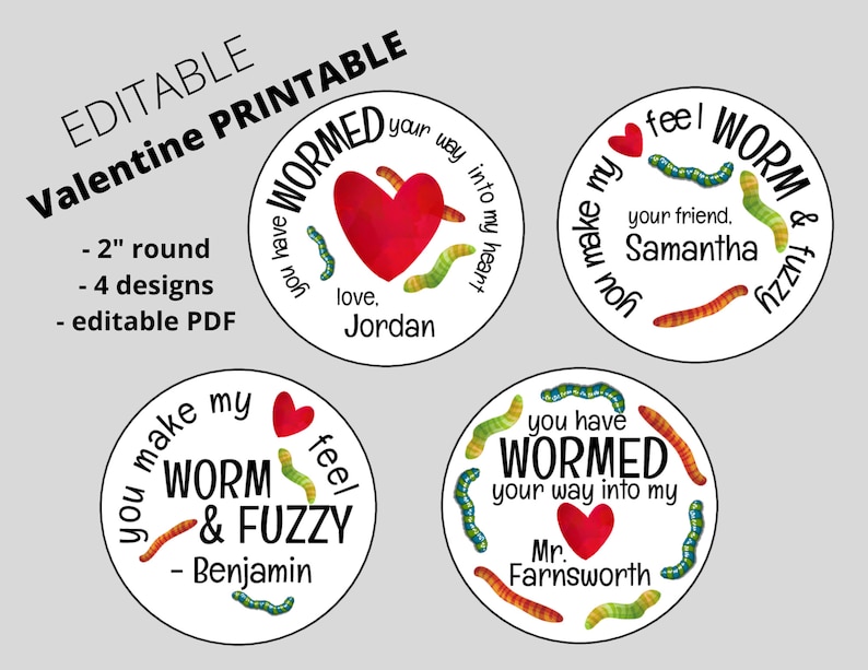 Editable GUMMY WORM Valentine's Printable - Valentine - 2" Circle ...