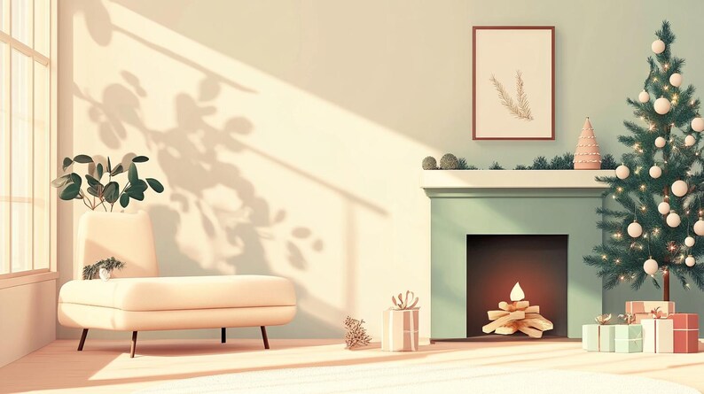 Minimalist Christmas Living Room Background, Cozy Holiday Virtual ...