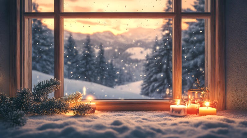 Winter Window Background, Cozy Snow Scene, Holiday Zoom Background ...