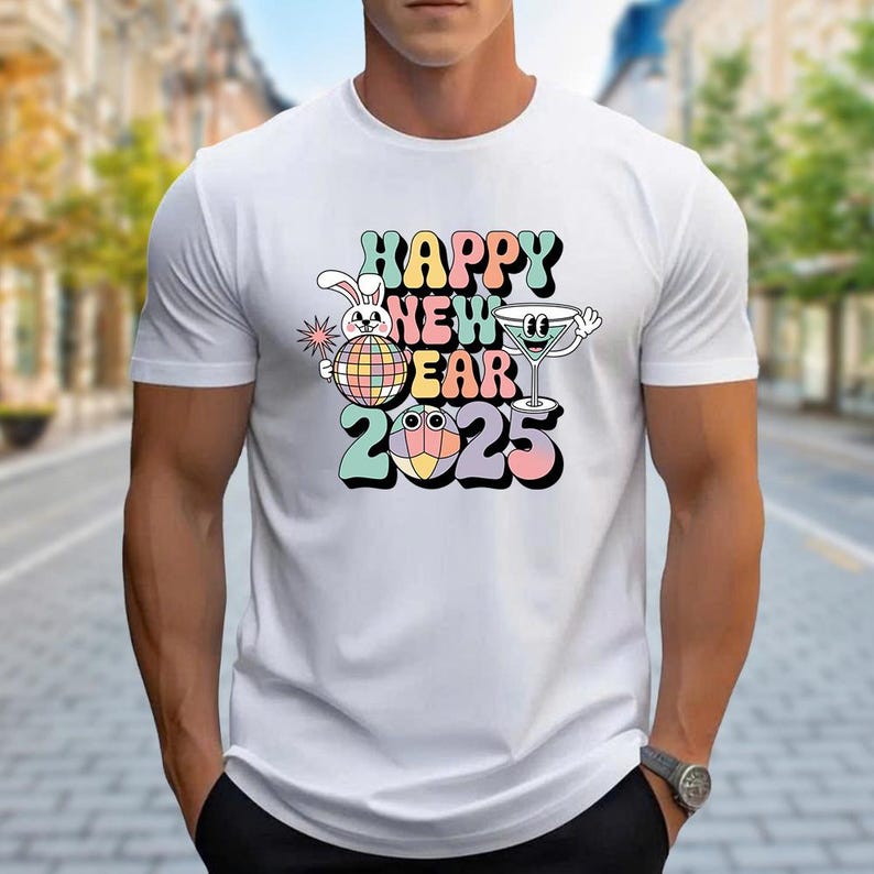 Retro Happy New Year 2025 Bunny & Martini PNG Fun Celebration Design ...