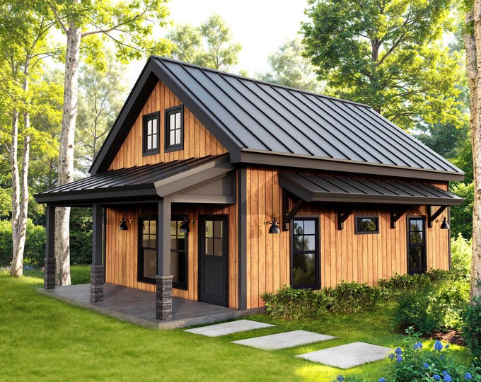 24x32 Small Cabin Plans With Porch: DIY Cottage House Blueprint (PDF ...