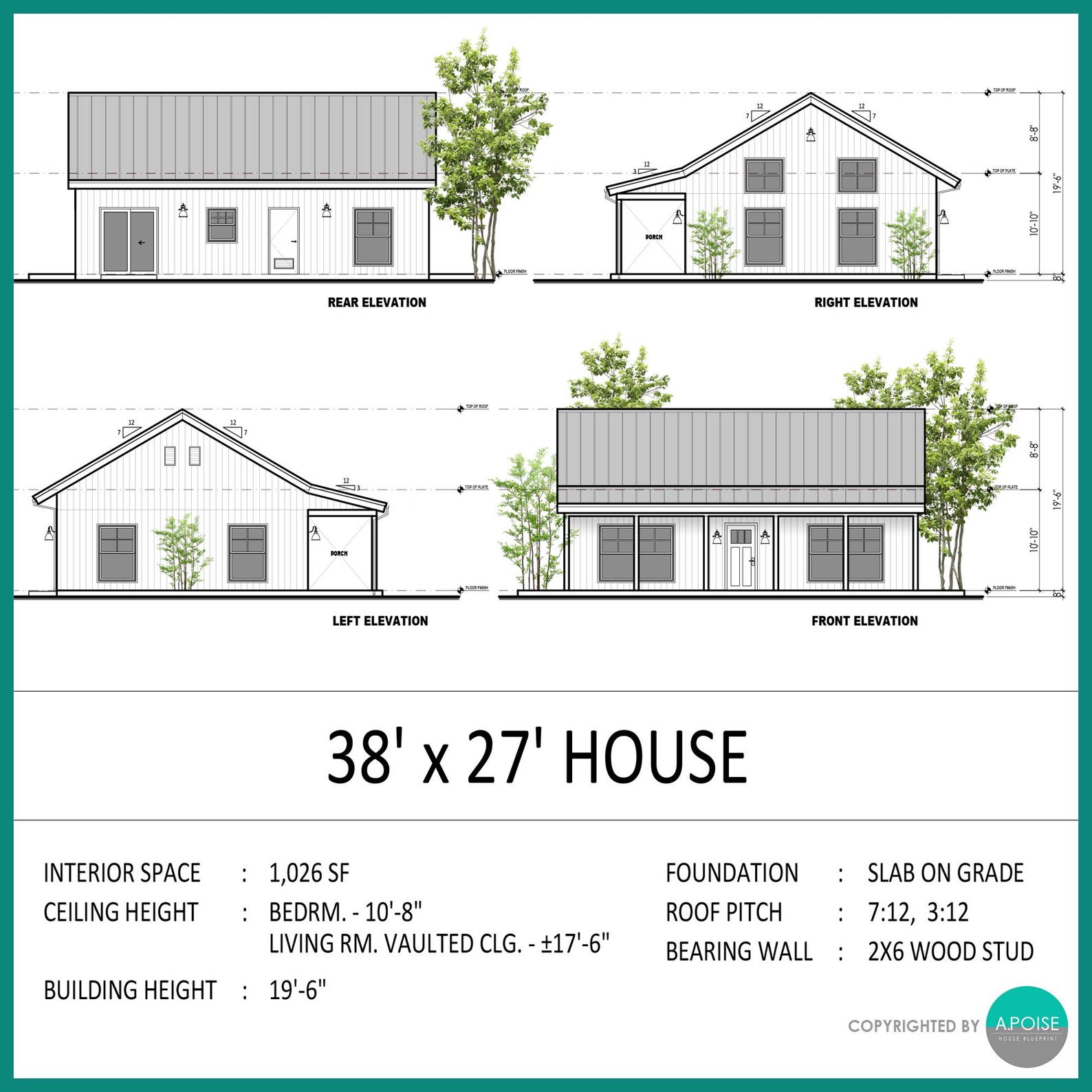 2 Bedroom Small House Plans 1,026SF 38'x27' - Cabin Plans - Home Floor ...