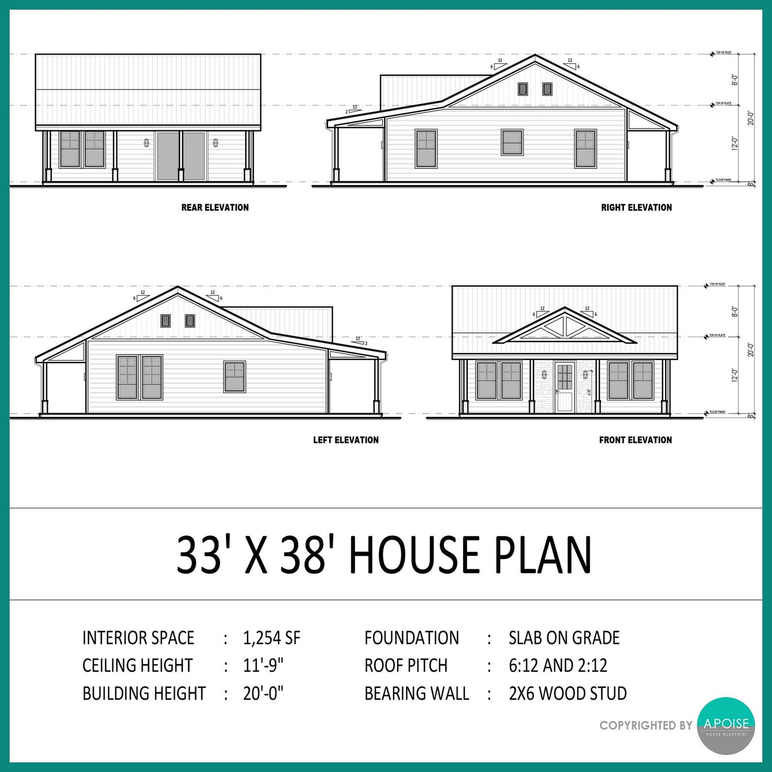 33'x38' House Plans 2bed 1bath House W/porch Floor Plans Architectural ...