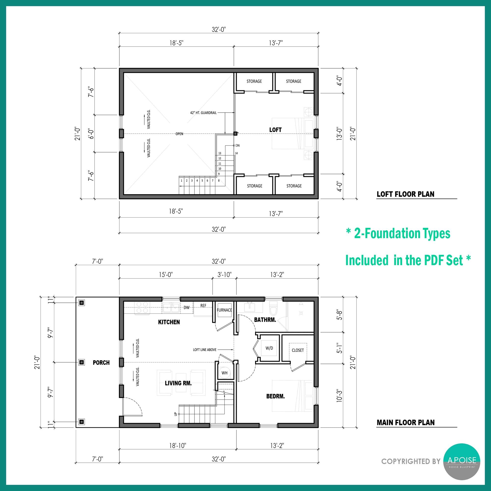 21'x32' House Plans - Cabin Plan Blueprint, Small House Floor Plan (PDF ...