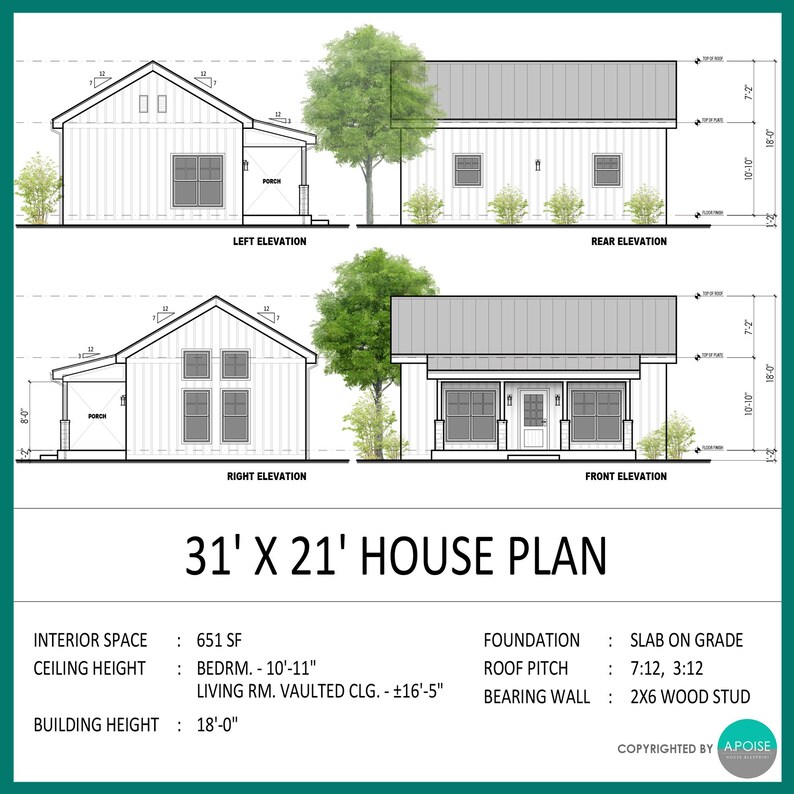 31'x21' Tiny House Plans 1bedroom House W/porch - House Floor Plans ...