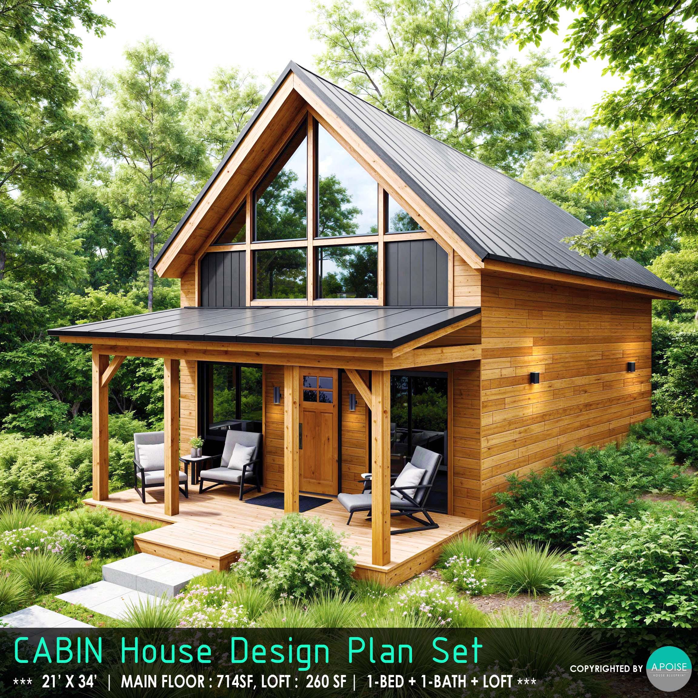 Small Cabin Plan With Loft 21'x34' House Design Plan PDF - 1 Bed With ...