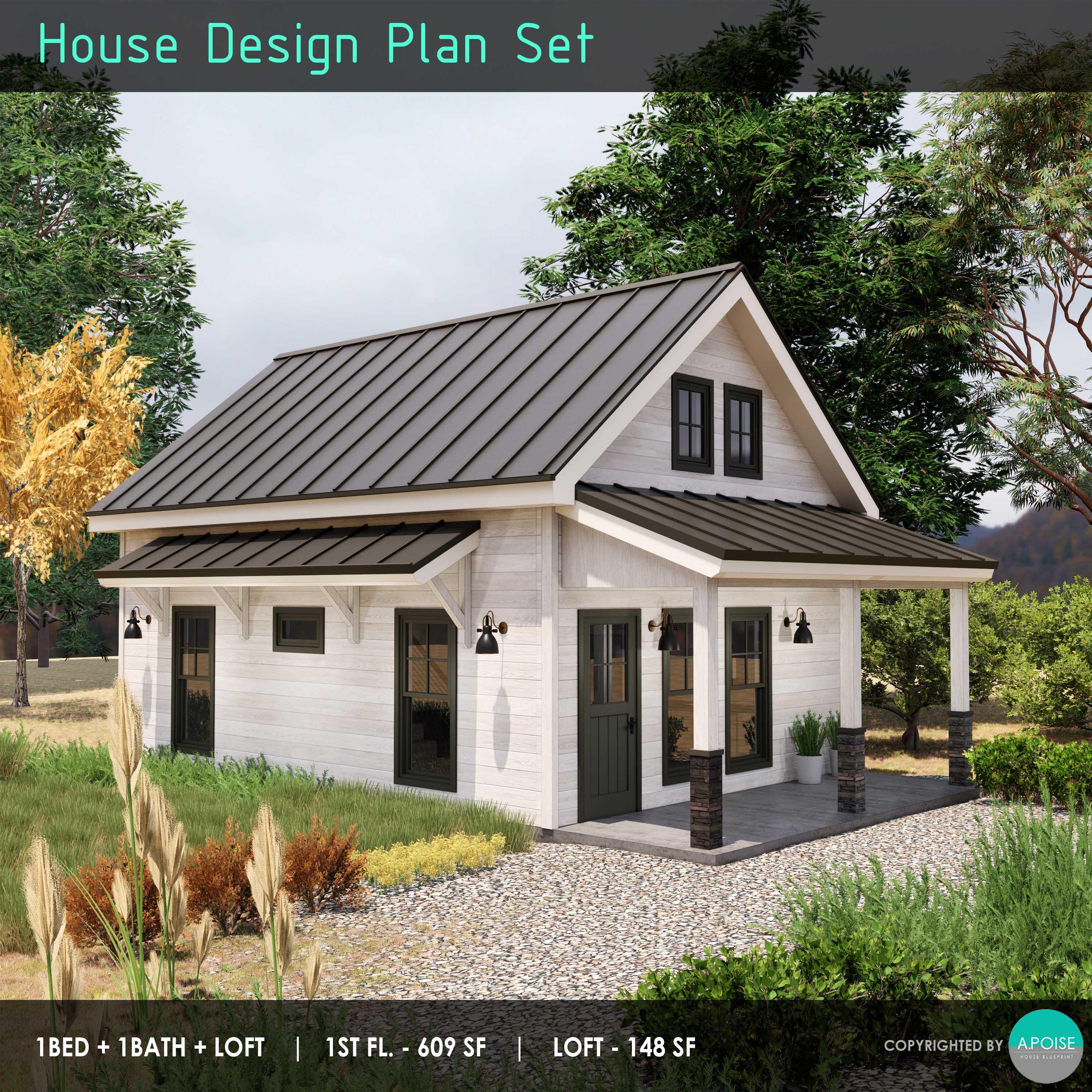 Cabin House Plans With Loft 21'x29' House Design Plan Set - Custom Tiny ...