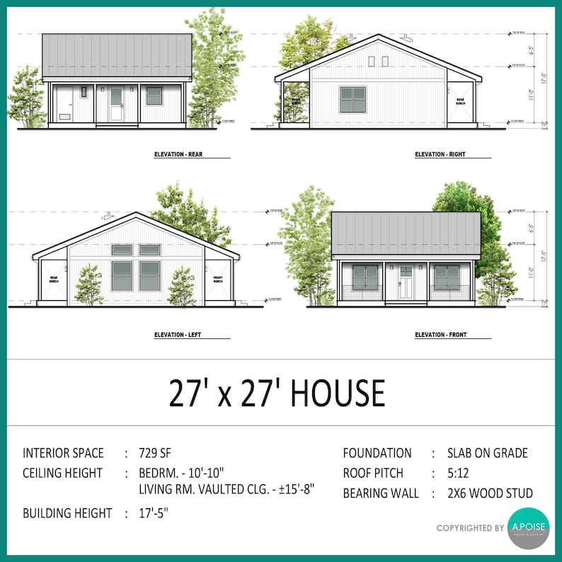 Cabin House Plans 27'x27' Home Plans - 1bed 1bath Custom Tiny House ...