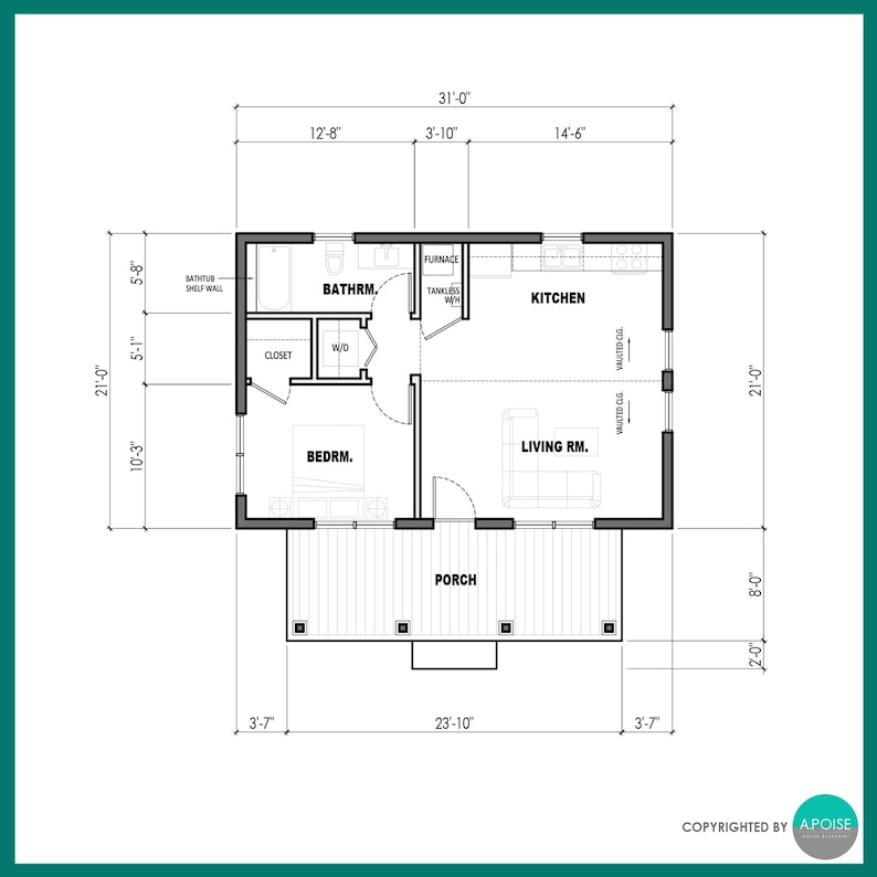 31'x21' Tiny House Plans 1bedroom House W/porch - House Floor Plans ...