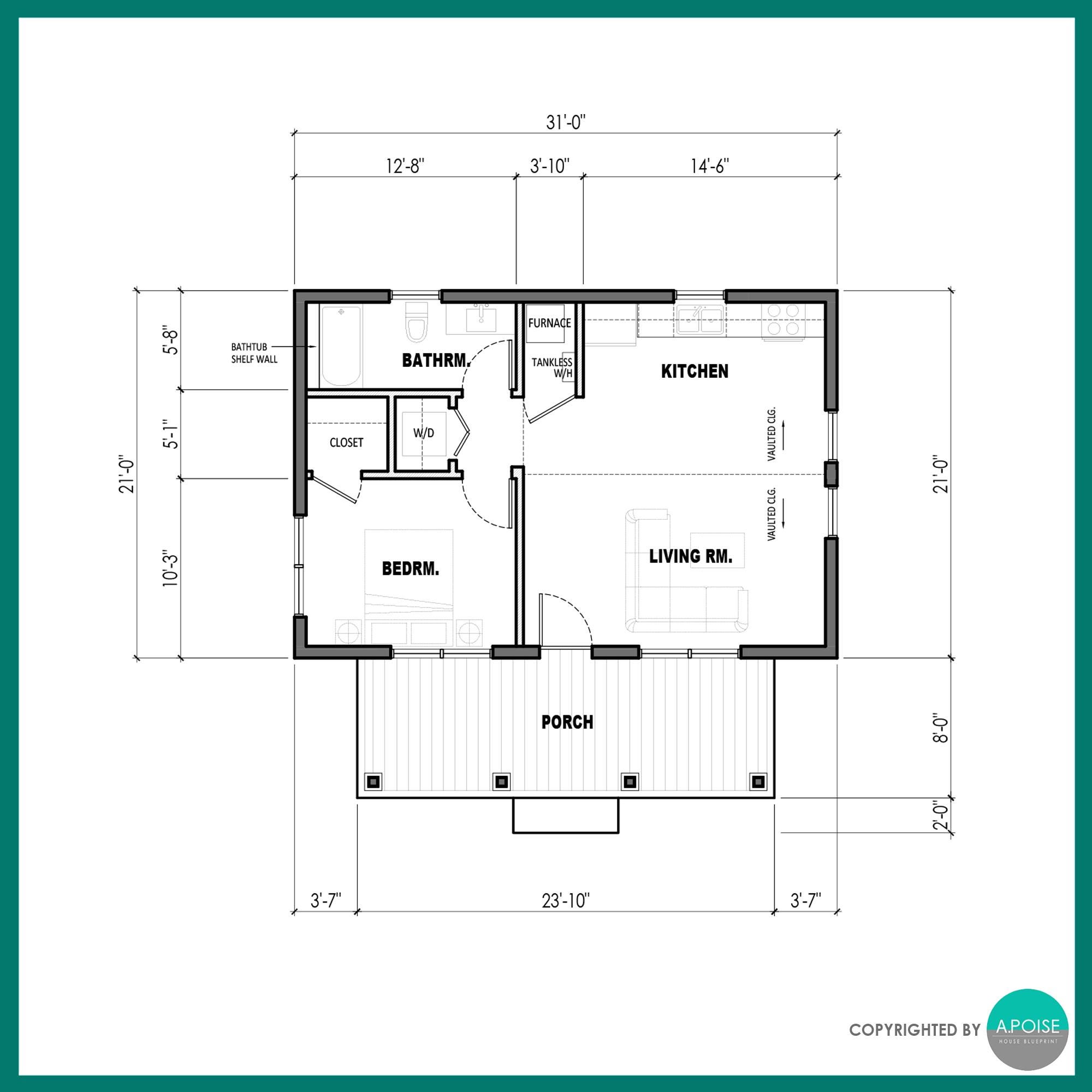 31'x21' Tiny House Plans 1bedroom House W/porch - House Floor Plans ...