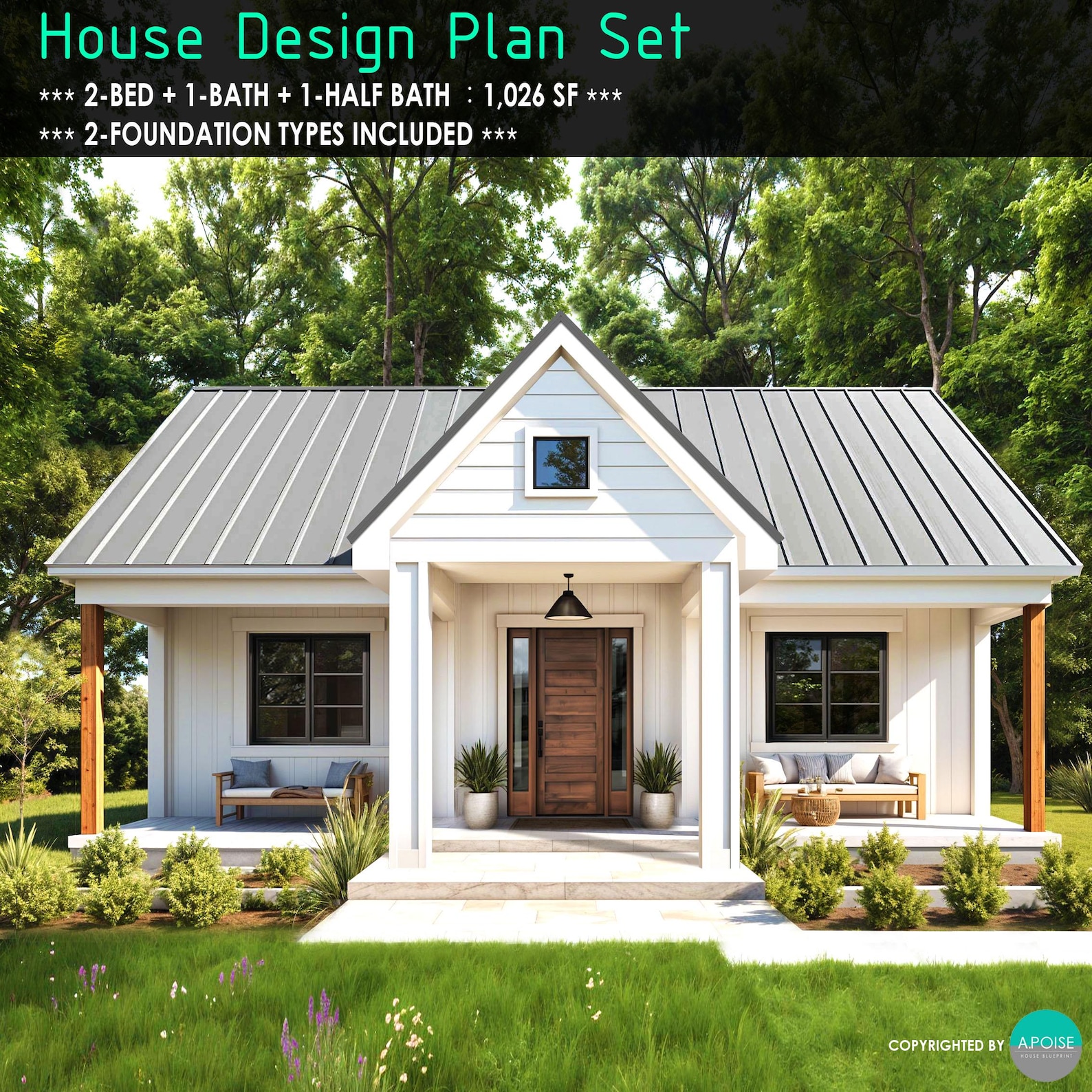 1026SF 38'X27' Farmhouse Small House Plans: 2 Bed, 1.5 Bath Modern ...