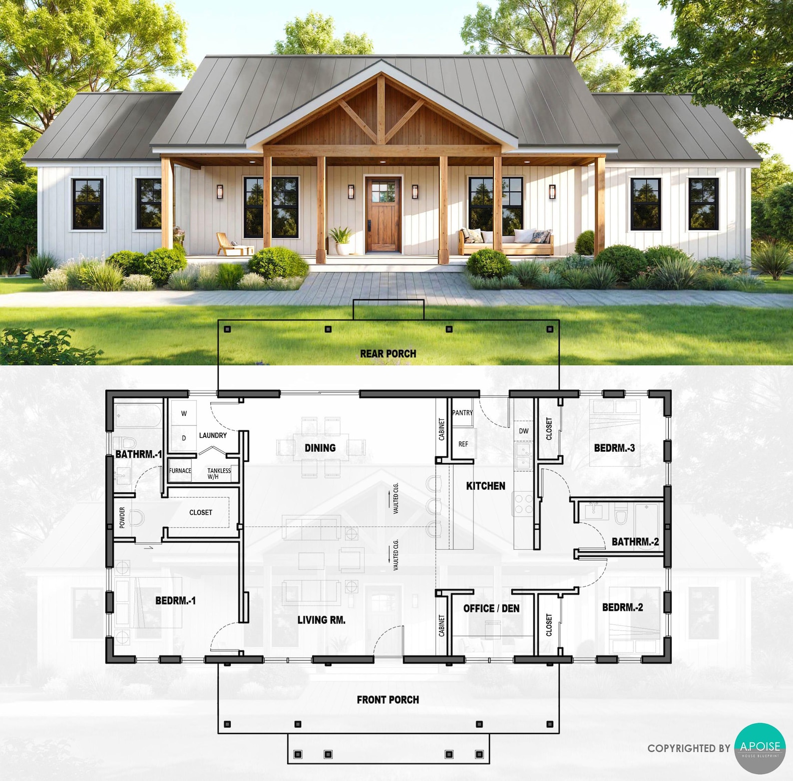 Farmhouse Plans - 56'x27' 3 Bedroom House Architectural Plan Set ...