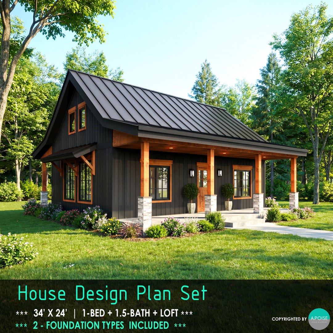 34'x24' Modern Farmhouse Blueprint 1bed 1.5bath Small House ...