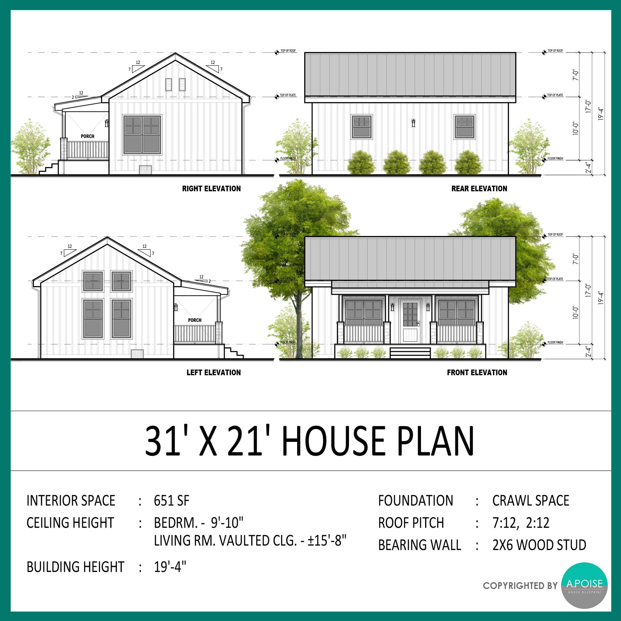31'x21' Tiny House Plans 1bedroom Cabin W/porch Crawl Space Foundation ...