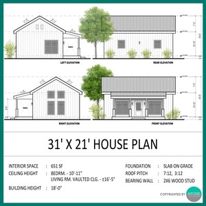 31'x21' Tiny House Plans 1bedroom House W/porch - House Floor Plans Design Plans - Custom Home ...